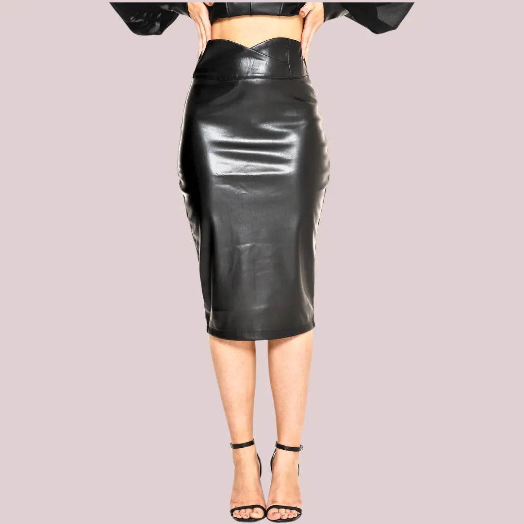 Women Black Faux PU Leather Midi Skirt with High Wait Elastic Bodycon Pencil Slim Business Skirt ...
