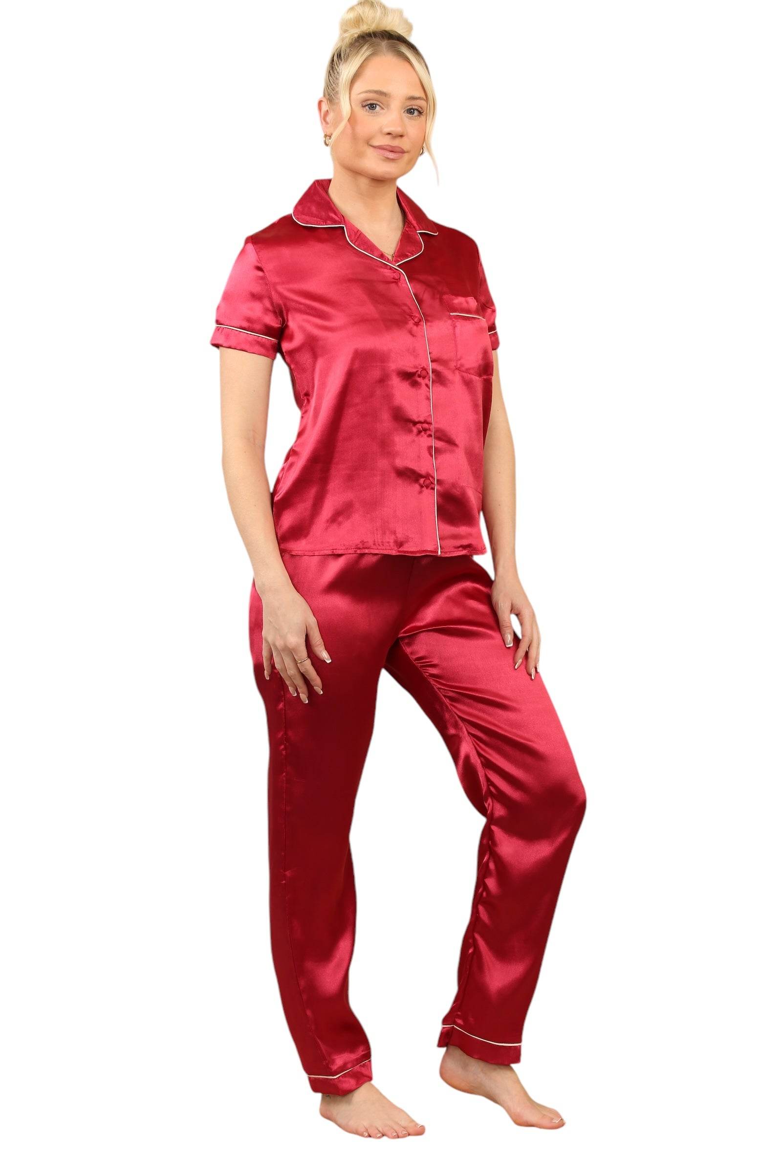Elaina fashion Women's red Silk Satin Pyjama Sleepwear Set Button shor ...